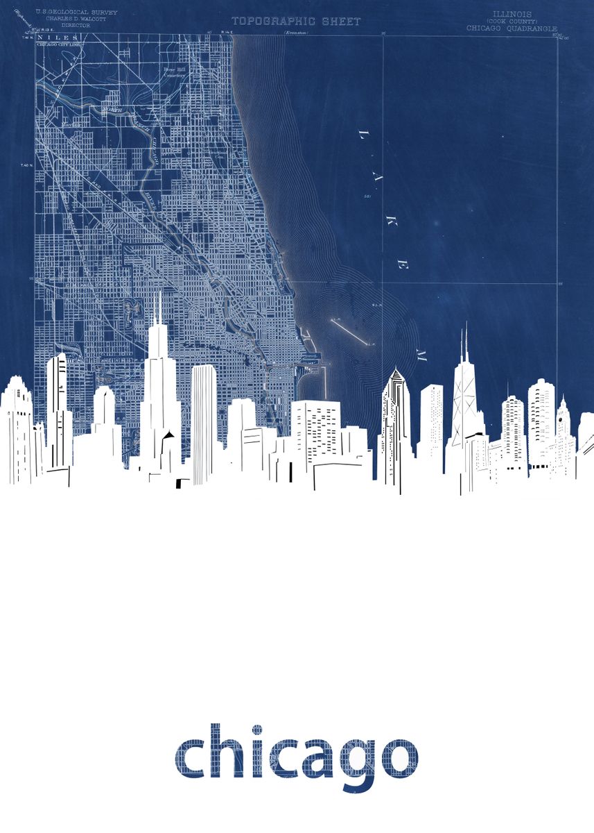 'Chicago skyline blue' Poster by Bekim Art | Displate