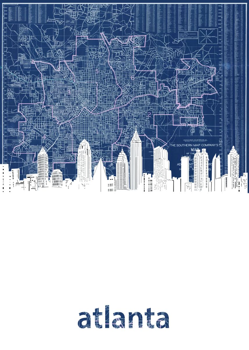 'Atlanta skyline blue' Poster, picture, metal print, paint by Bekim Art ...