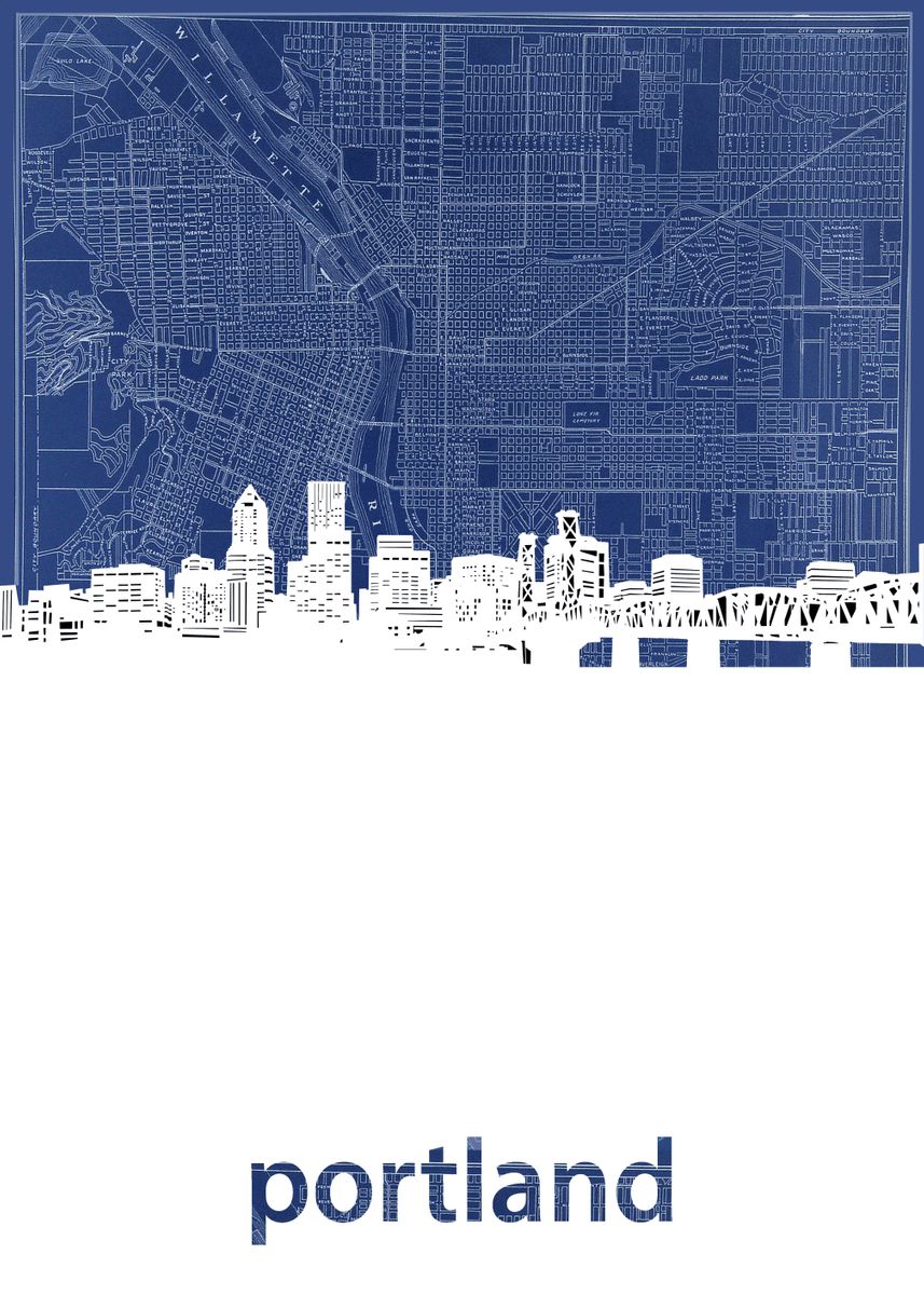 'Portland skyline blue' Poster, picture, metal print, paint by Bekim ...