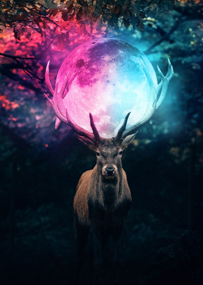 'Deer with moon' Poster, picture, metal print, paint by dmc 696 | Displate