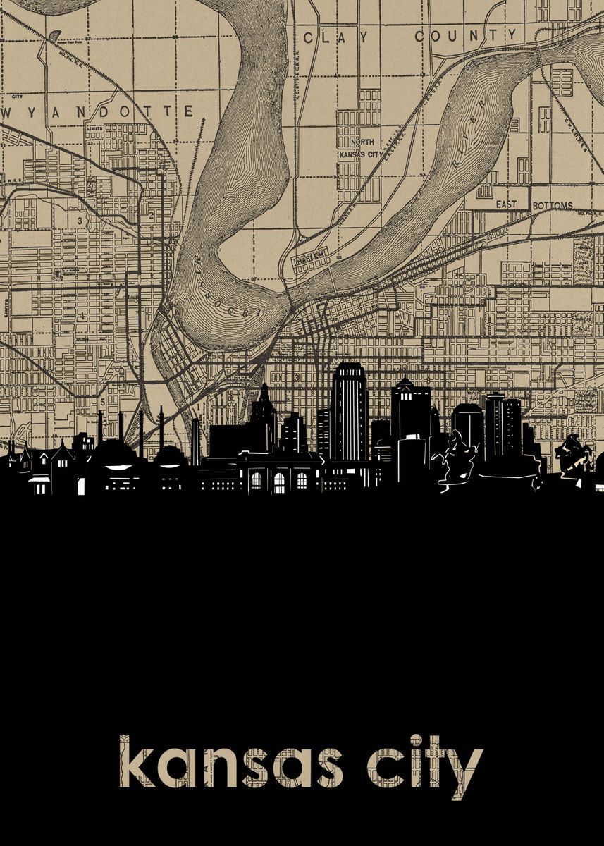 'Kansas city skyline sepia' Poster, picture, metal print, paint by ...