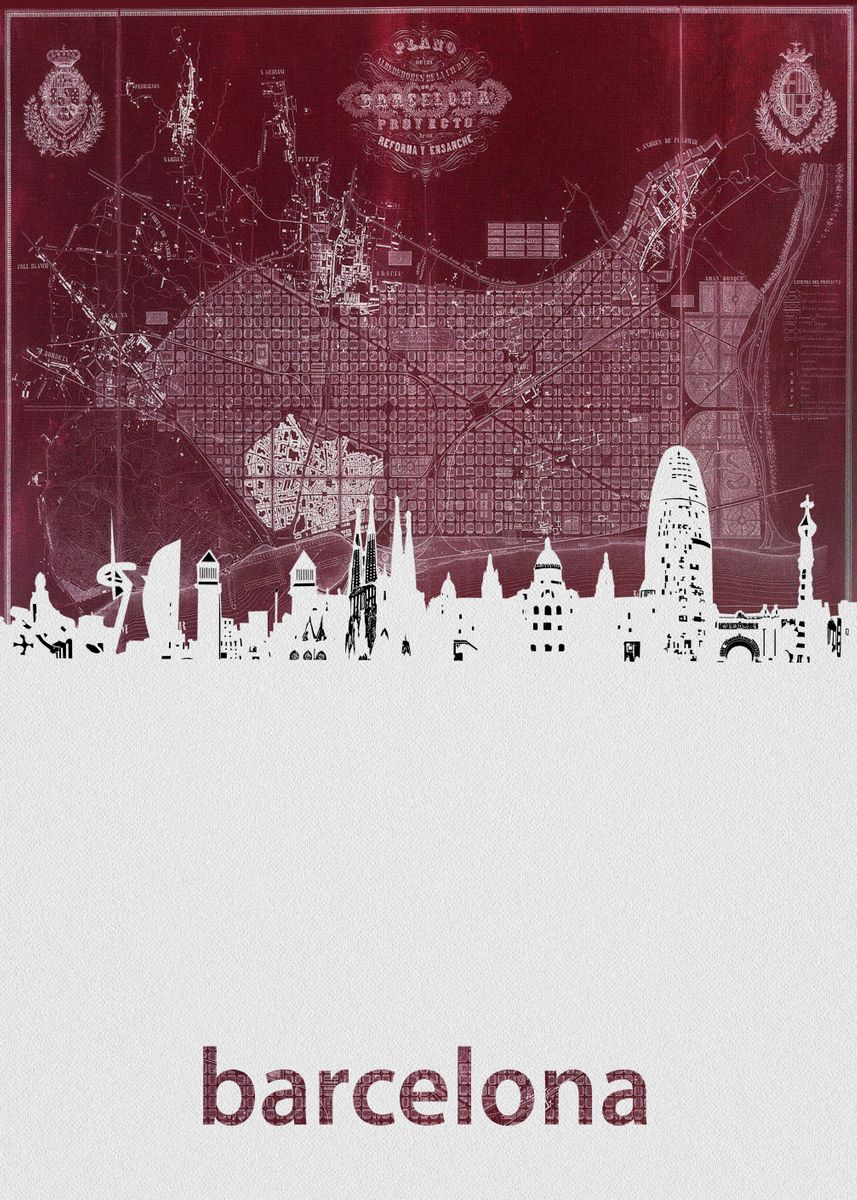 'Barcelona skyline red' Poster, picture, metal print, paint by Bekim ...