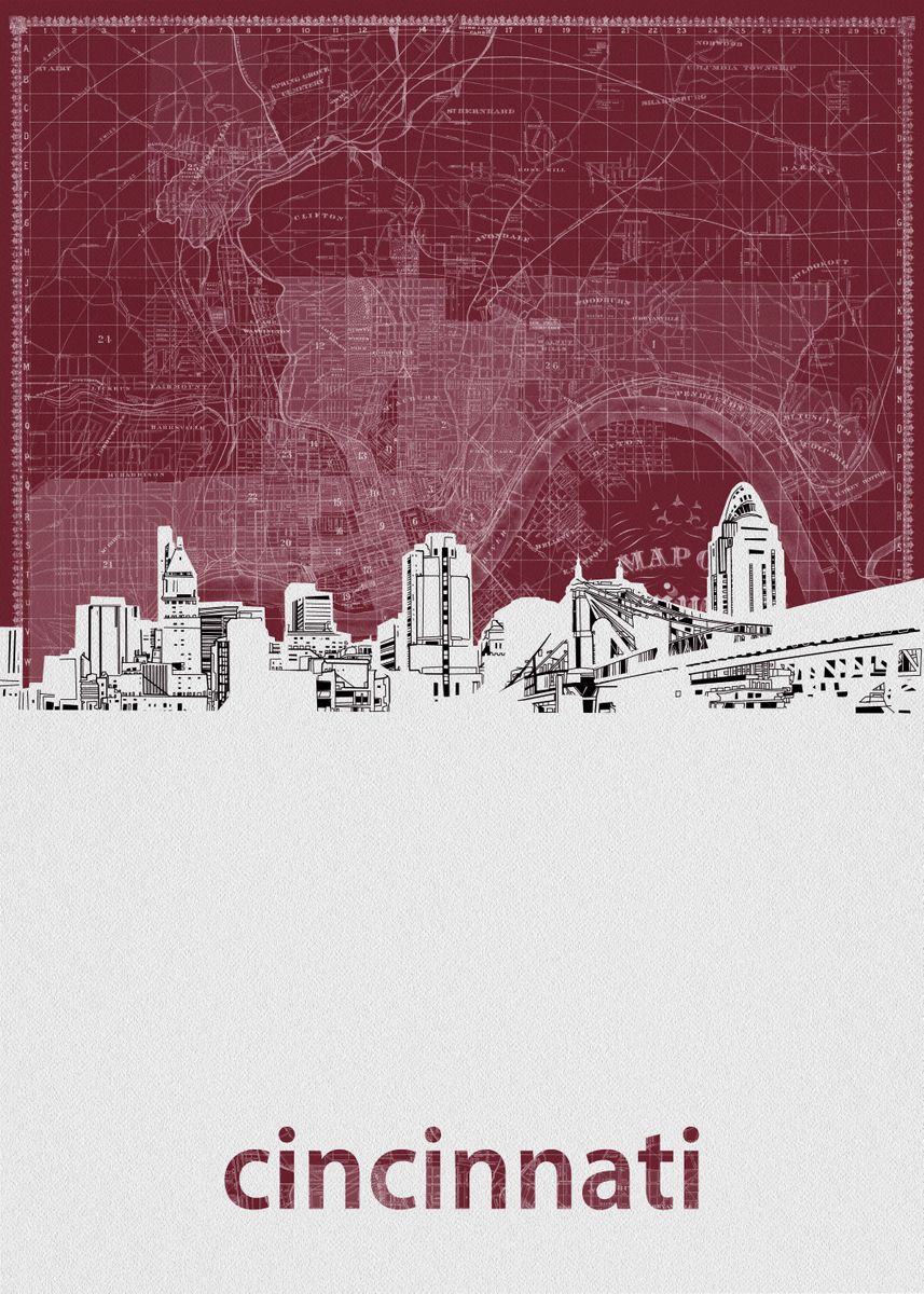 'Cincinnati skyline red' Poster, picture, metal print, paint by Bekim ...