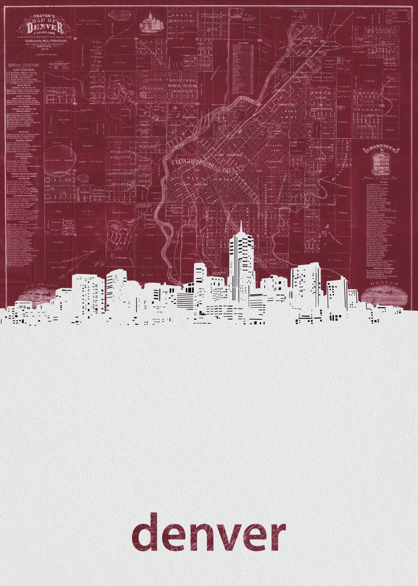 'Denver skyline red' Poster, picture, metal print, paint by Bekim Art ...