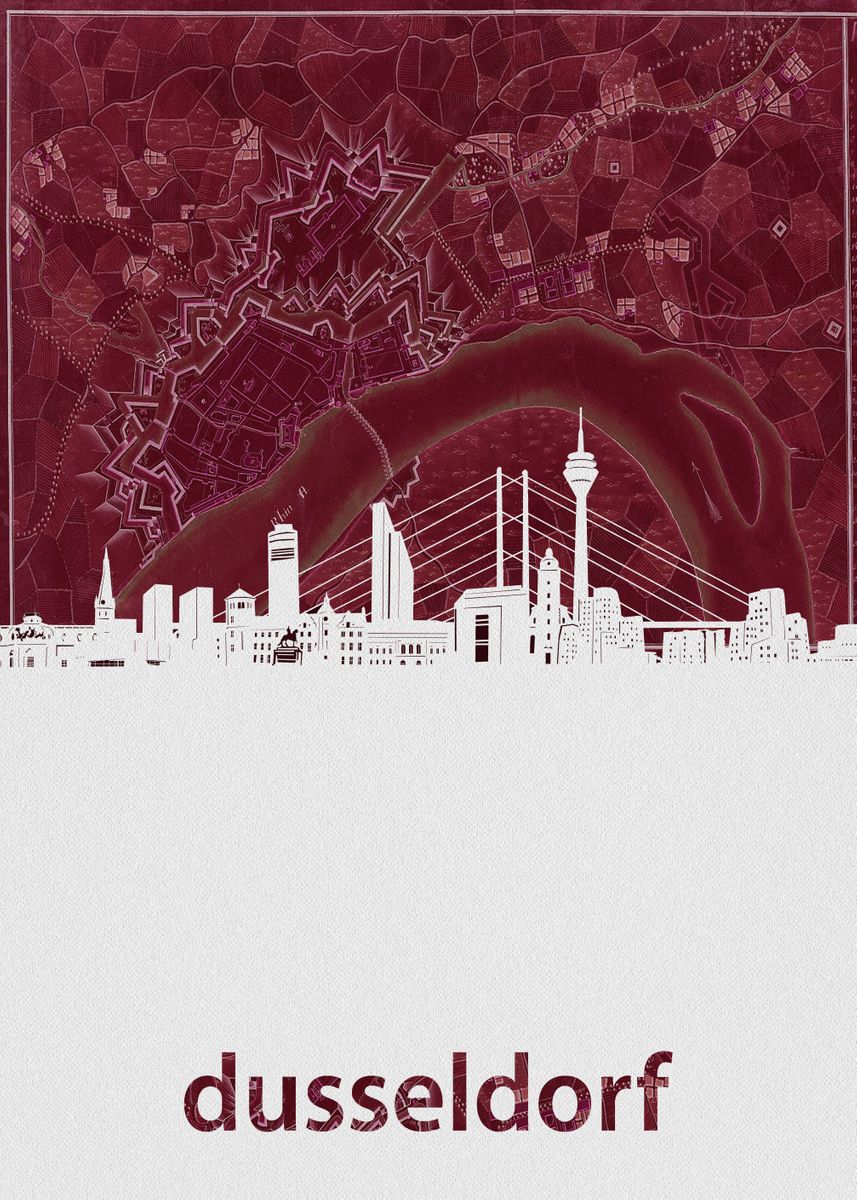 'Dusseldorf skyline red' Poster, picture, metal print, paint by Bekim ...