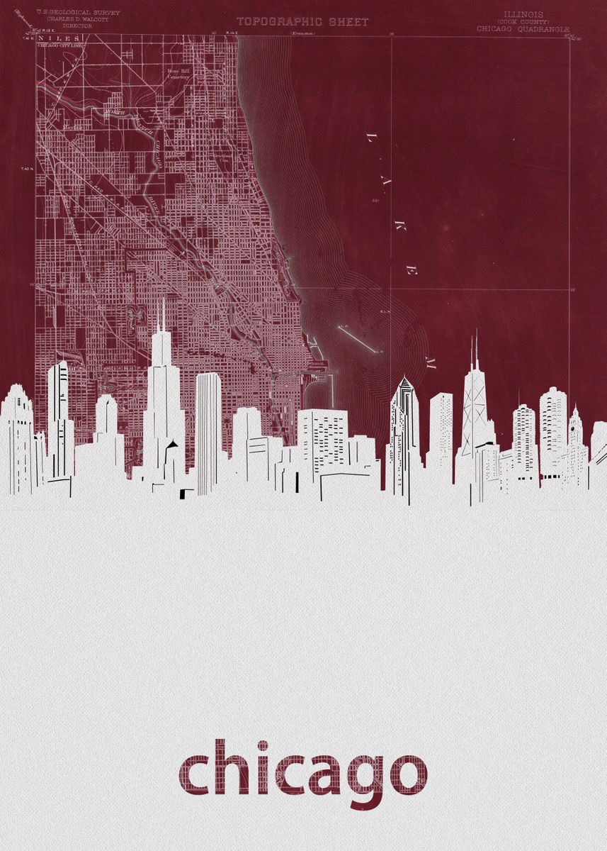 'Chicago skyline red' Poster, picture, metal print, paint by Bekim Art ...