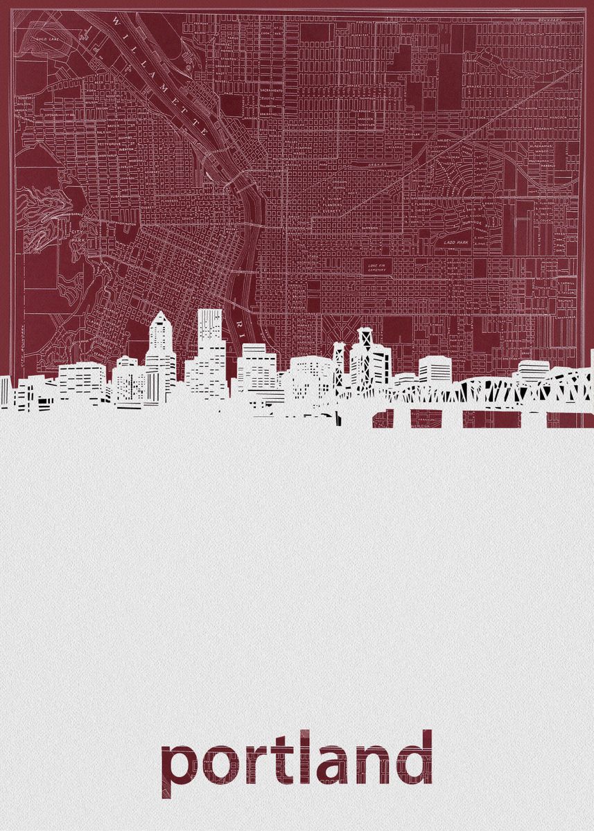 'Portland skyline red' Poster, picture, metal print, paint by Bekim Art ...