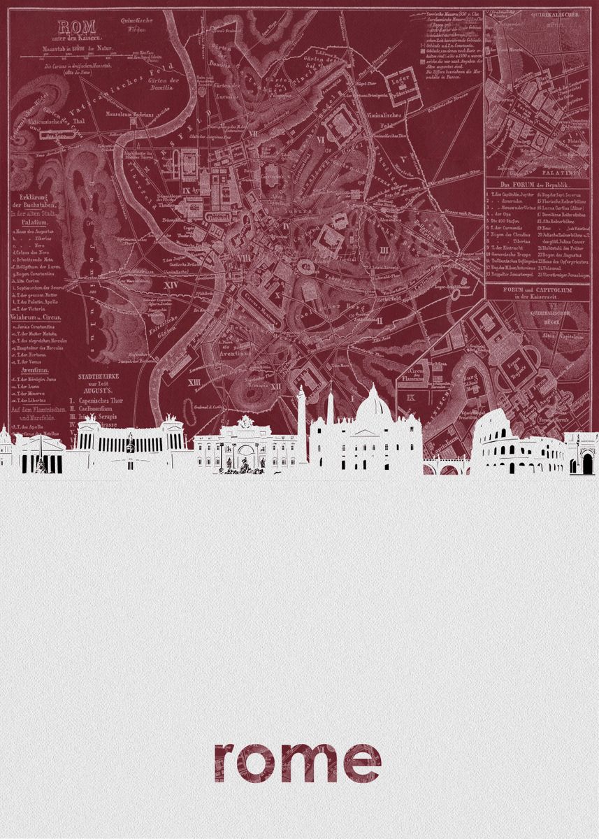 'Rome skyline red' Poster, picture, metal print, paint by Bekim Art ...