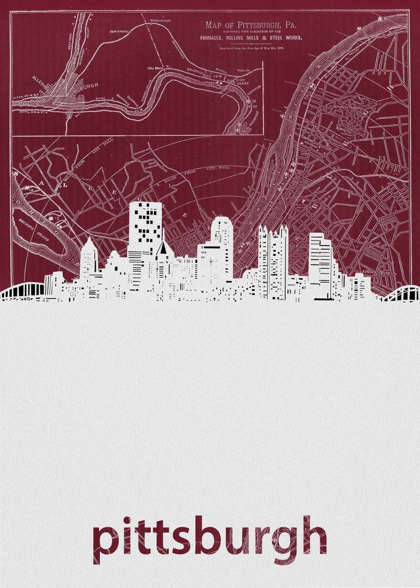 'Pittsburgh skyline red' Poster by Bekim Art | Displate