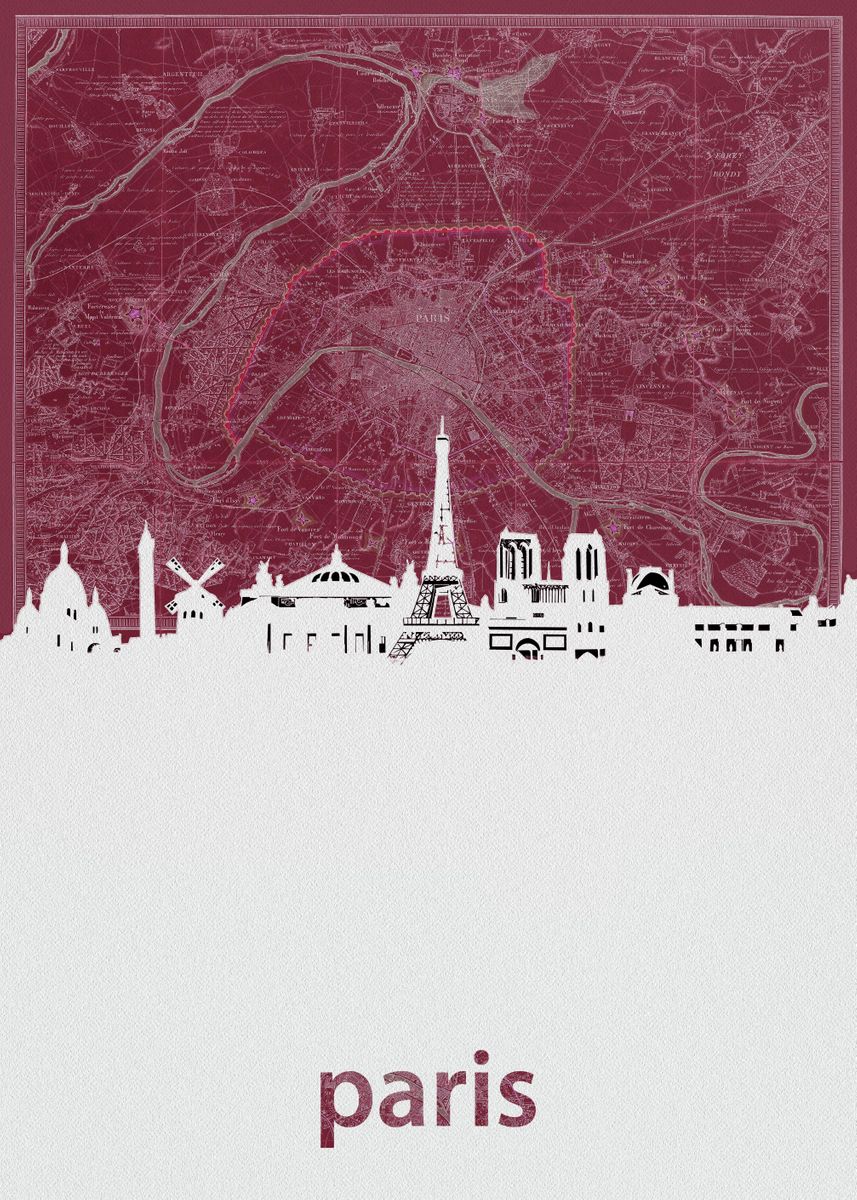 'Paris skyline red' Poster by Bekim Art | Displate