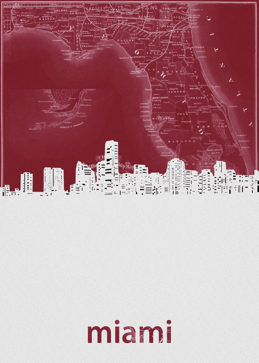 'Miami skyline red' Poster, picture, metal print, paint by Bekim Art ...
