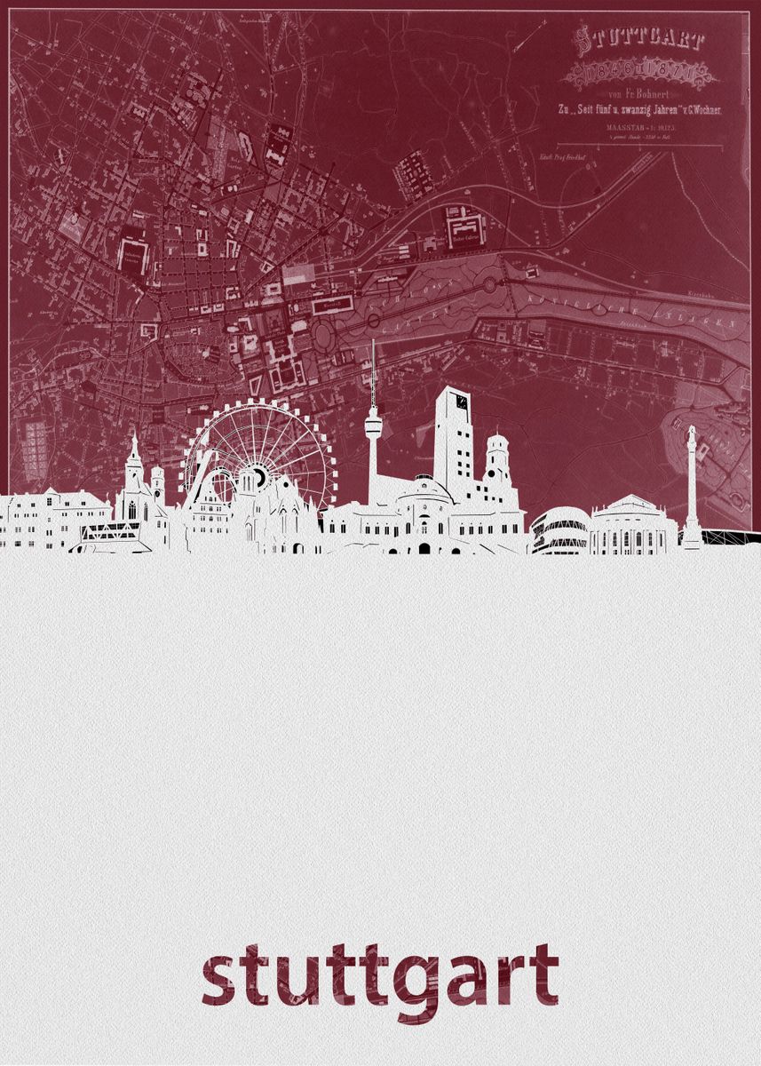 'Stuttgart skyline red' Poster, picture, metal print, paint by Bekim ...