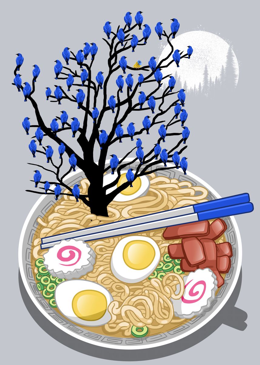 'Ramen tree birds' Poster, picture, metal print, paint by Alberto Perez ...