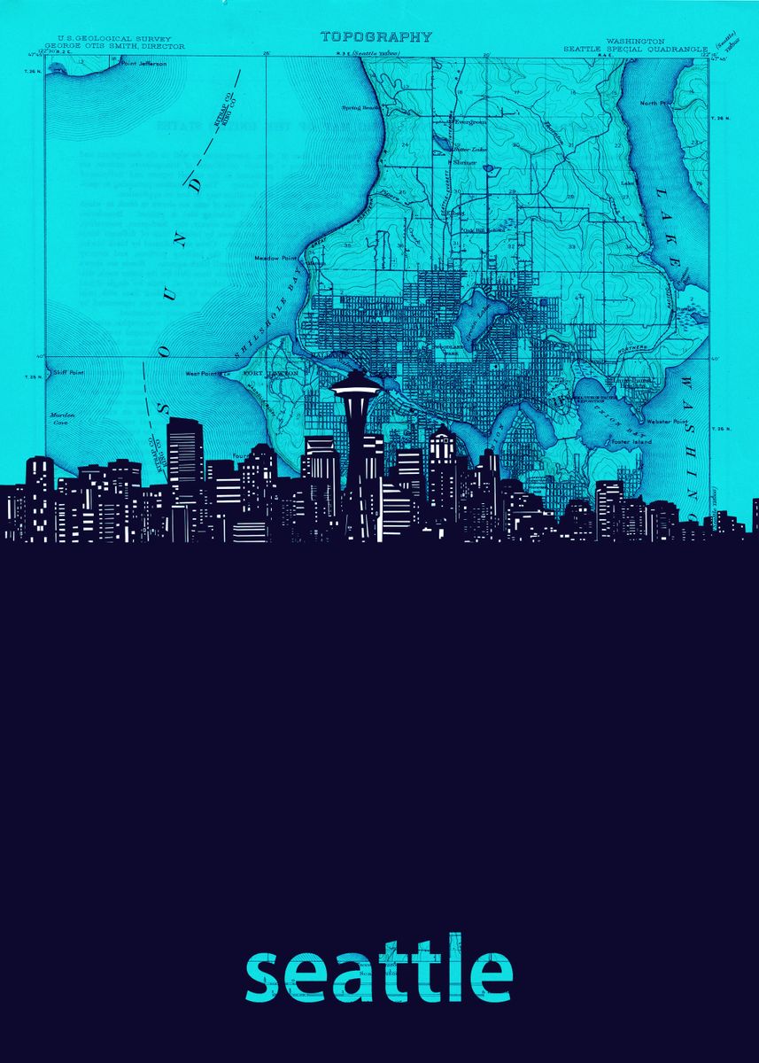 'Seattle skyline turquoise' Poster by Bekim Art | Displate