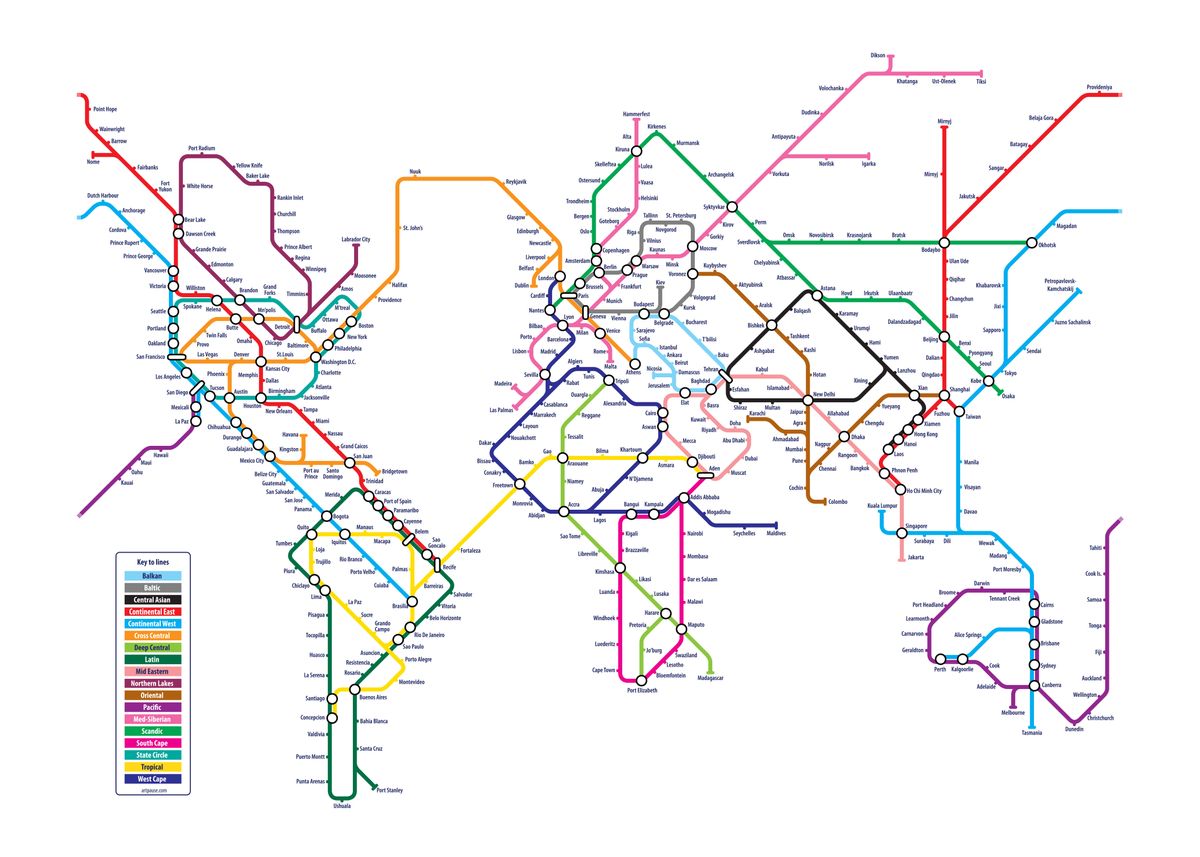 'World Metro Tube Map' Poster by Michael Tompsett | Displate
