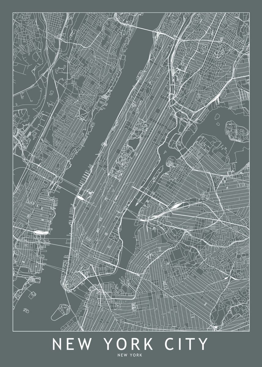'New York City Grey Map' Poster, picture, metal print, paint by ...