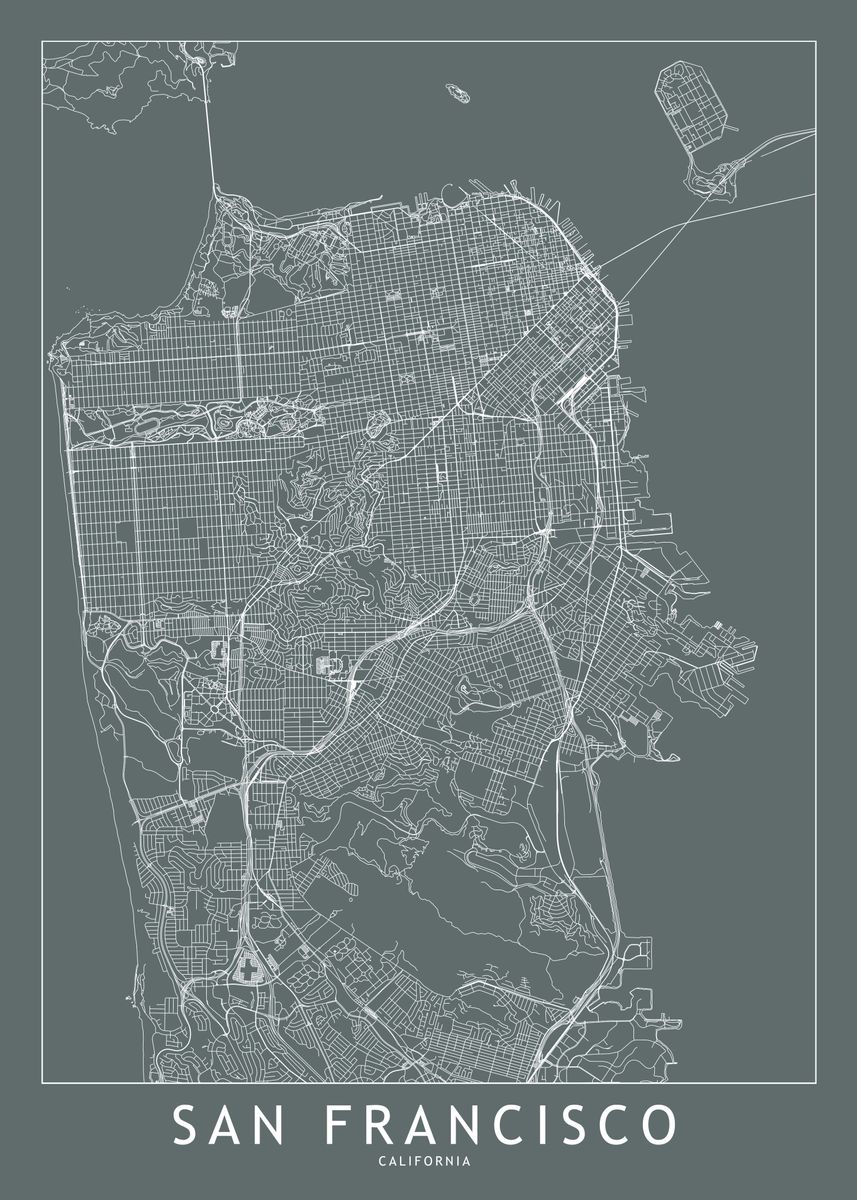 'San Francisco Grey Map' Poster, picture, metal print, paint by ...