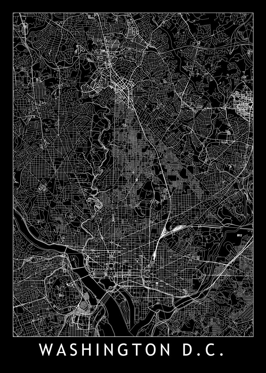 'Washington DC Black Map' Poster, picture, metal print, paint by ...