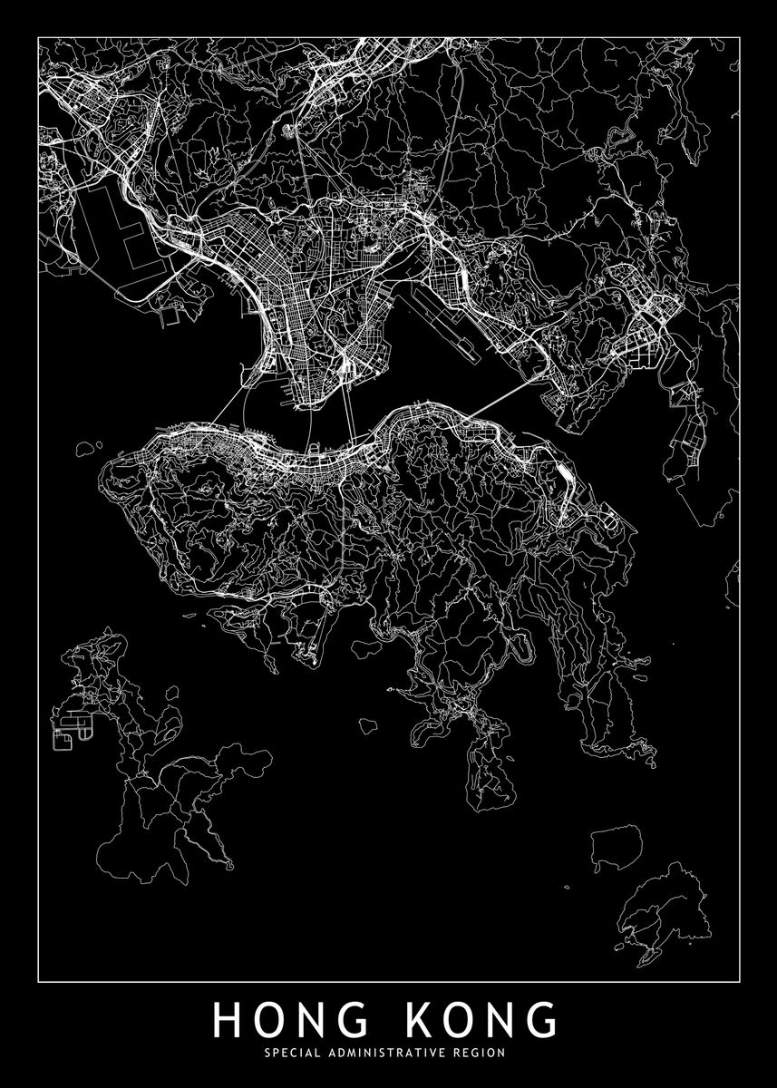 'Hong Kong Black Map' Poster, picture, metal print, paint by ...