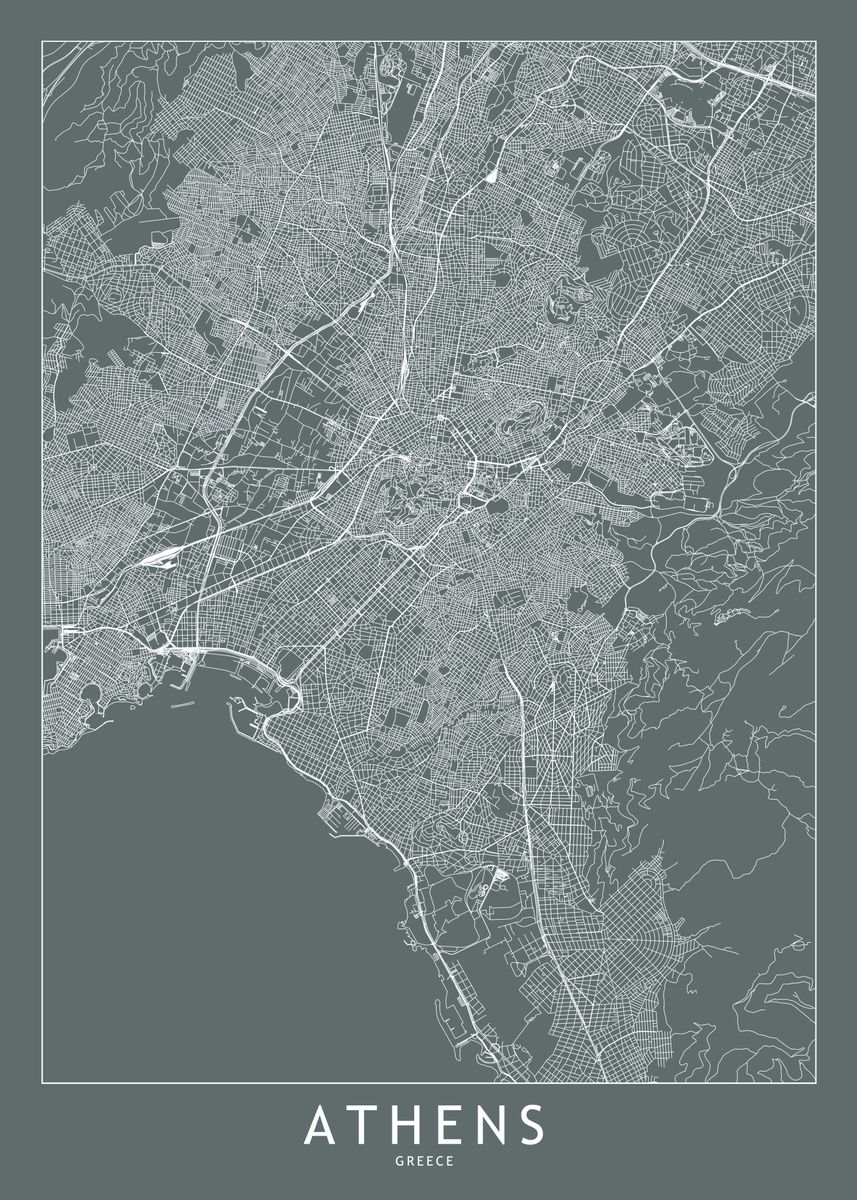 'Athens Grey Map' Poster, picture, metal print, paint by Multiplicity ...