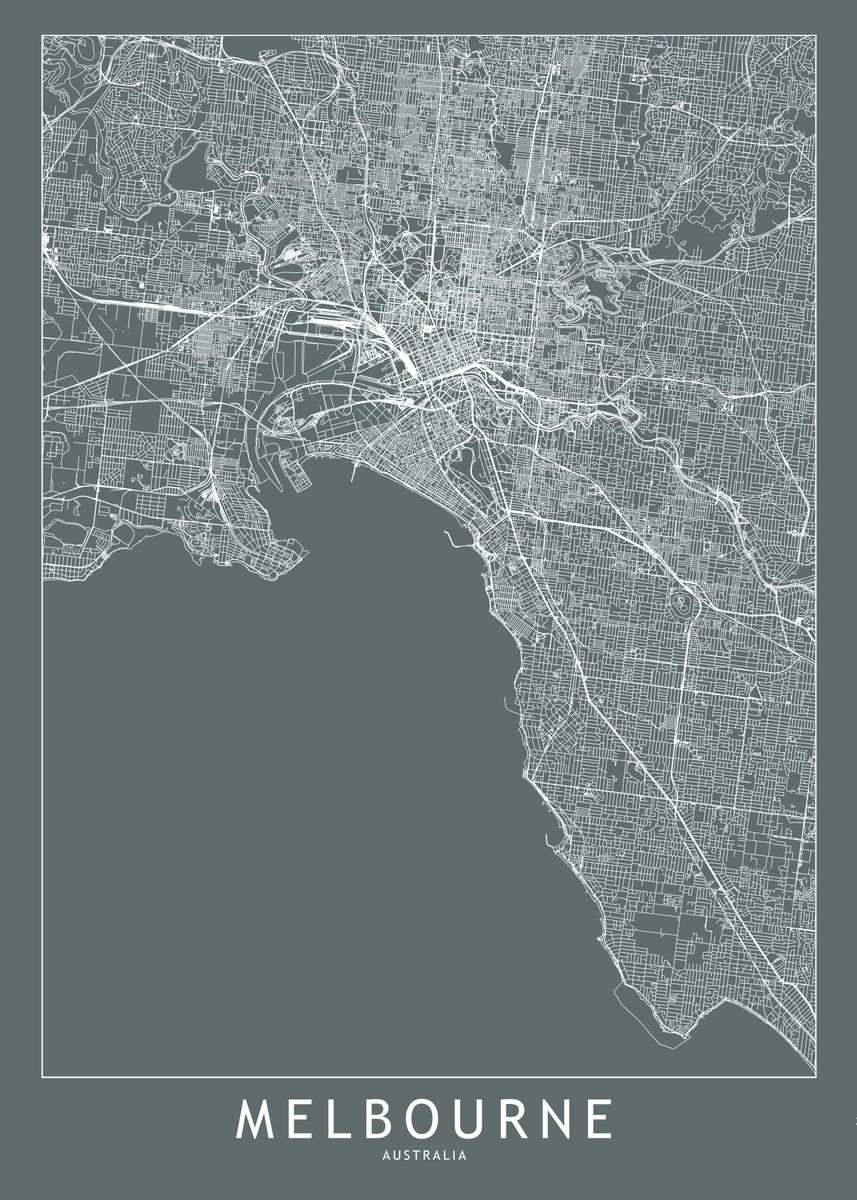 'Melbourne Grey Map' Poster, picture, metal print, paint by ...