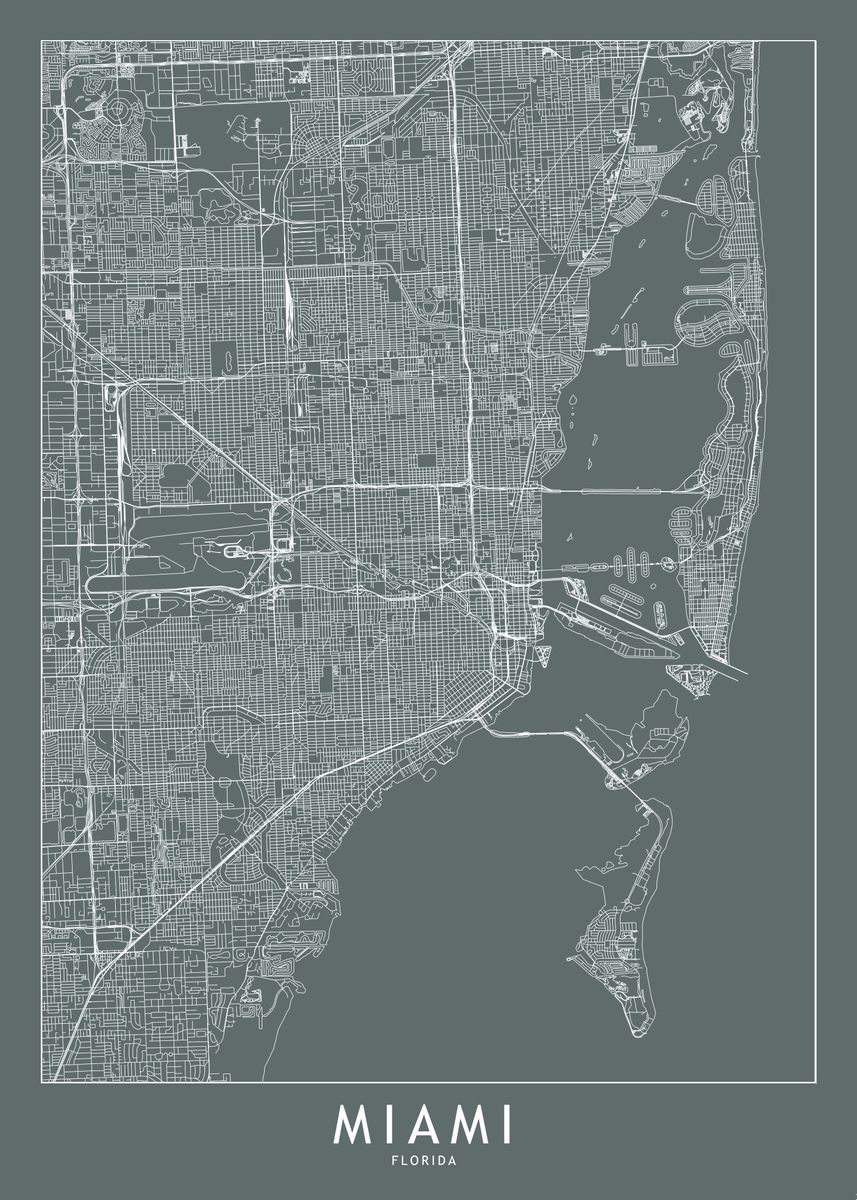 'Miami Grey Map' Poster, picture, metal print, paint by Multiplicity ...