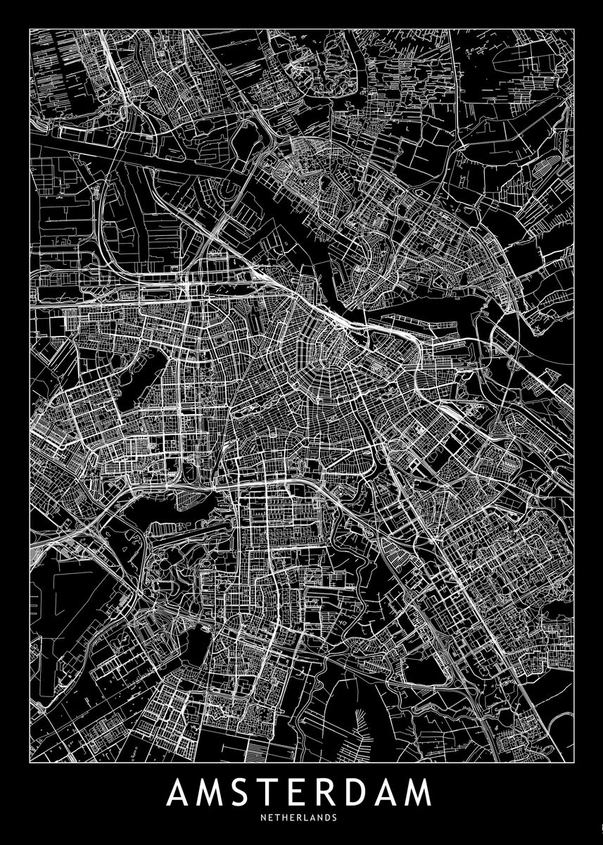 'Amsterdam Black Map' Poster by Multiplicity Maps | Displate