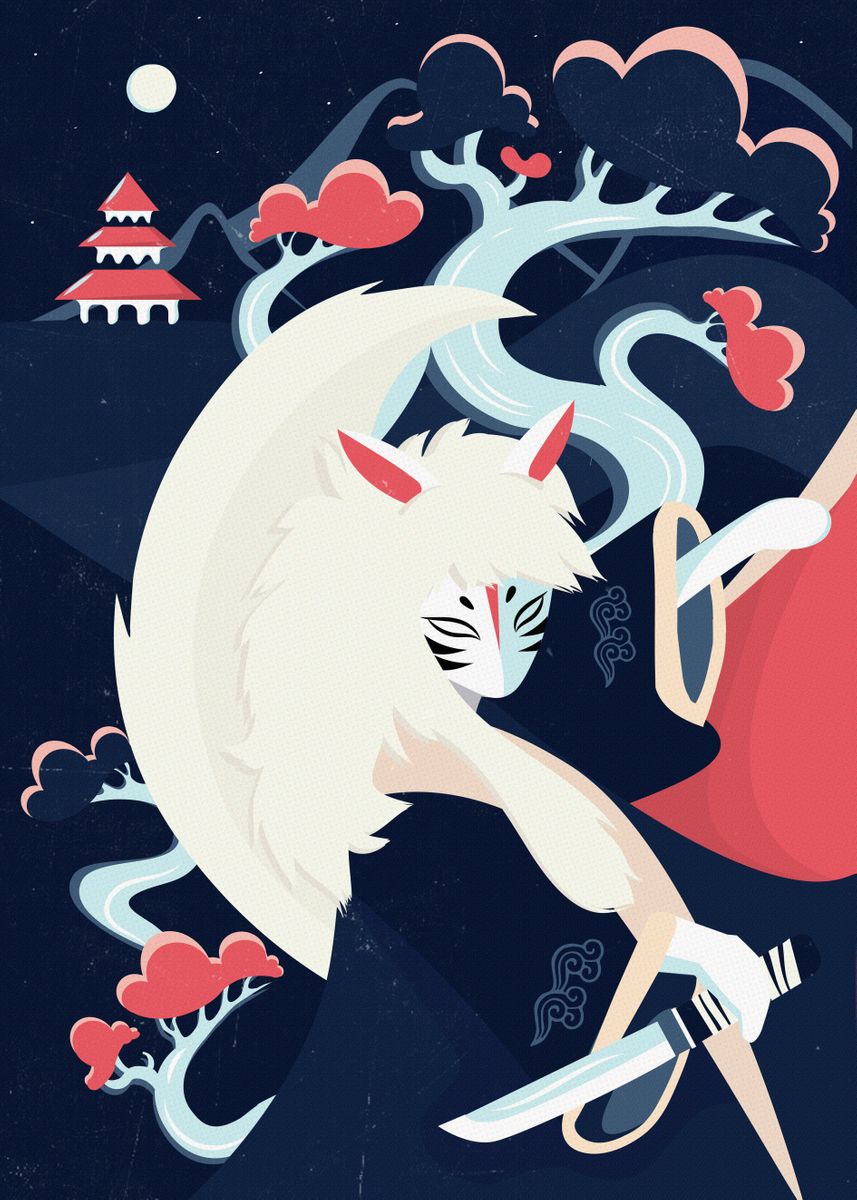 'Kitsune' Poster, picture, metal print, paint by Coca Vázquez | Displate