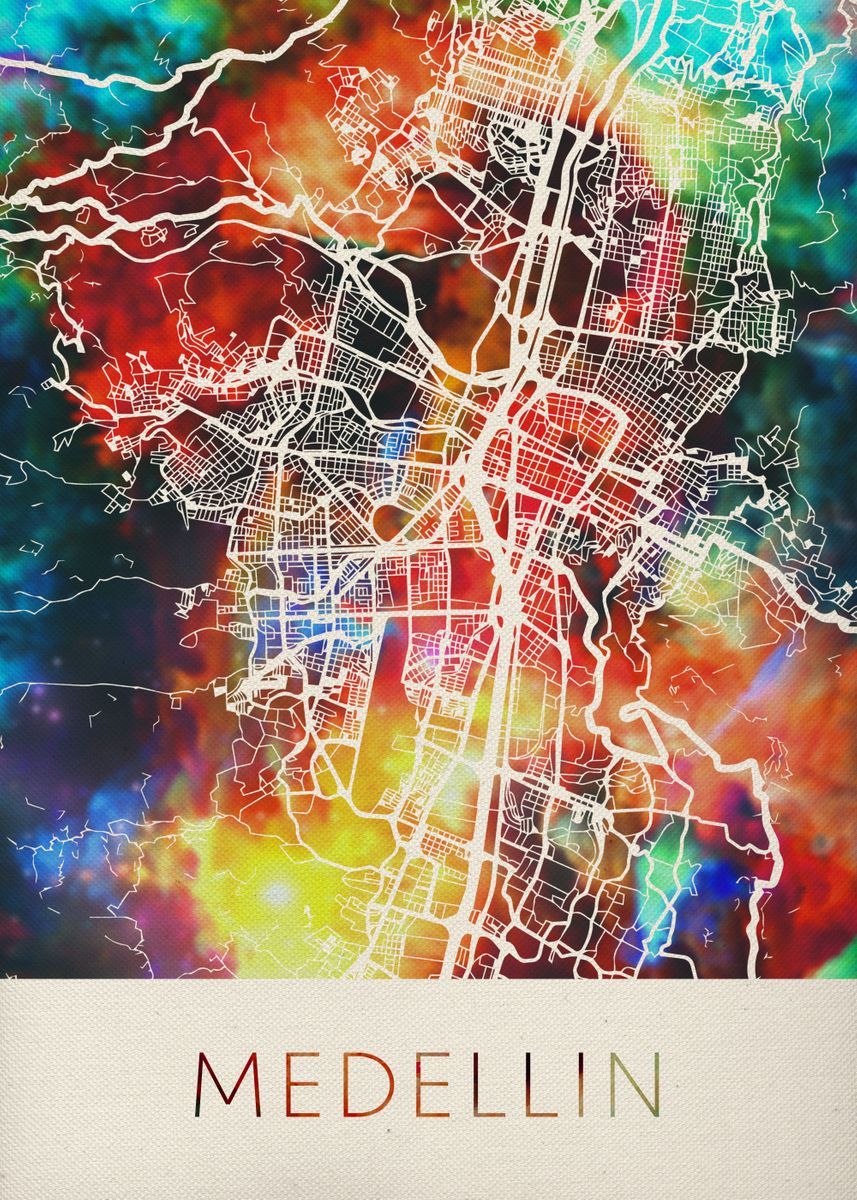 'Medellin Watercolor Map' Poster, picture, metal print, paint by Design ...