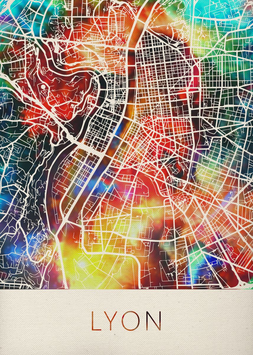 'Lyon Watercolor City Map' Poster, picture, metal print, paint by ...