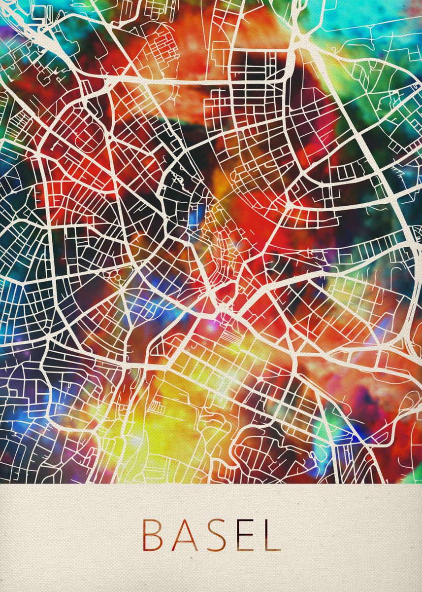 'Basel Watercolor City Map' Poster, picture, metal print, paint by ...