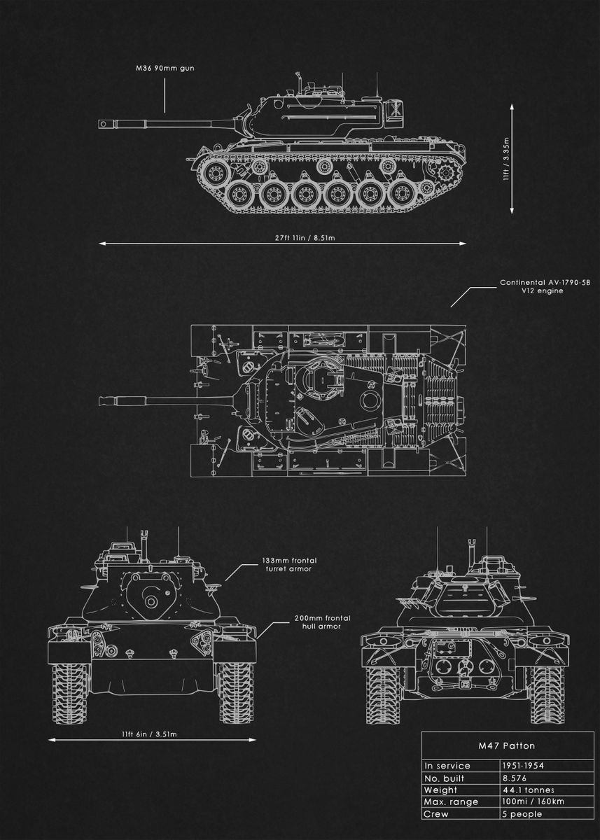 'M47 Patton Blueprint' Poster, picture, metal print, paint by Iwoko ...