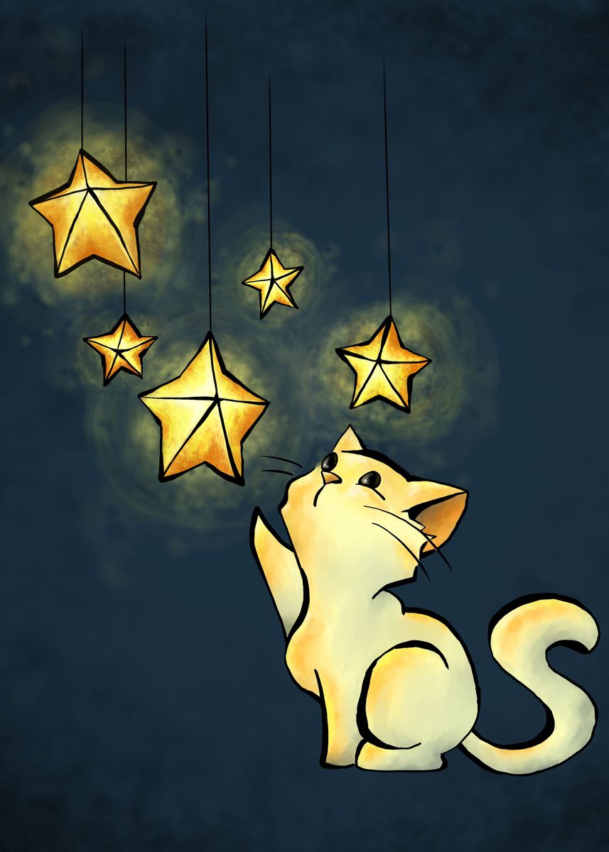 'Cat and Stars' Poster, picture, metal print, paint by Kenna Rieske ...