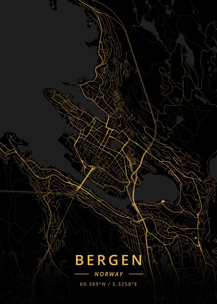 'Bergen Norway' Poster, picture, metal print, paint by Designer Map Art ...