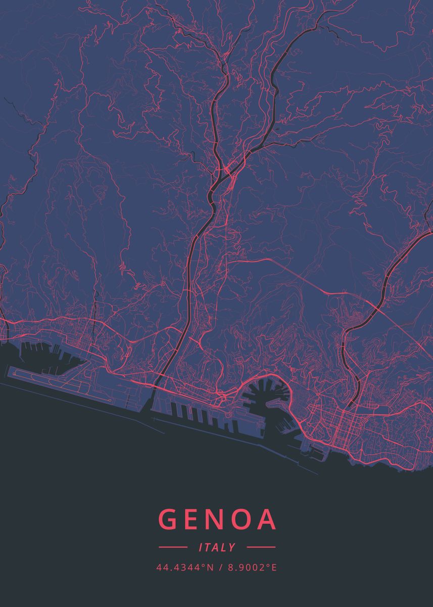 'Genoa Italy' Poster, picture, metal print, paint by Designer Map Art ...