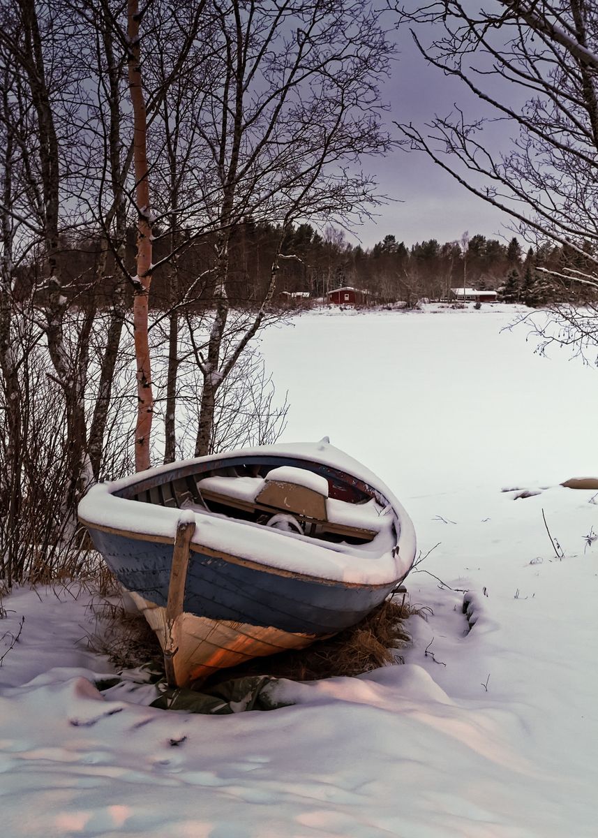 'Fishing Boat Under Snow' Poster by Jukka Heinovirta | Displate