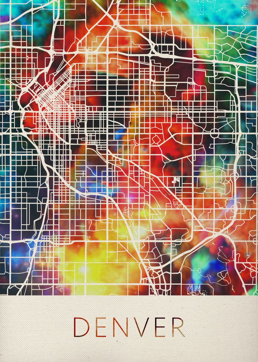 'Denver Watercolor City Map' Poster, picture, metal print, paint by ...