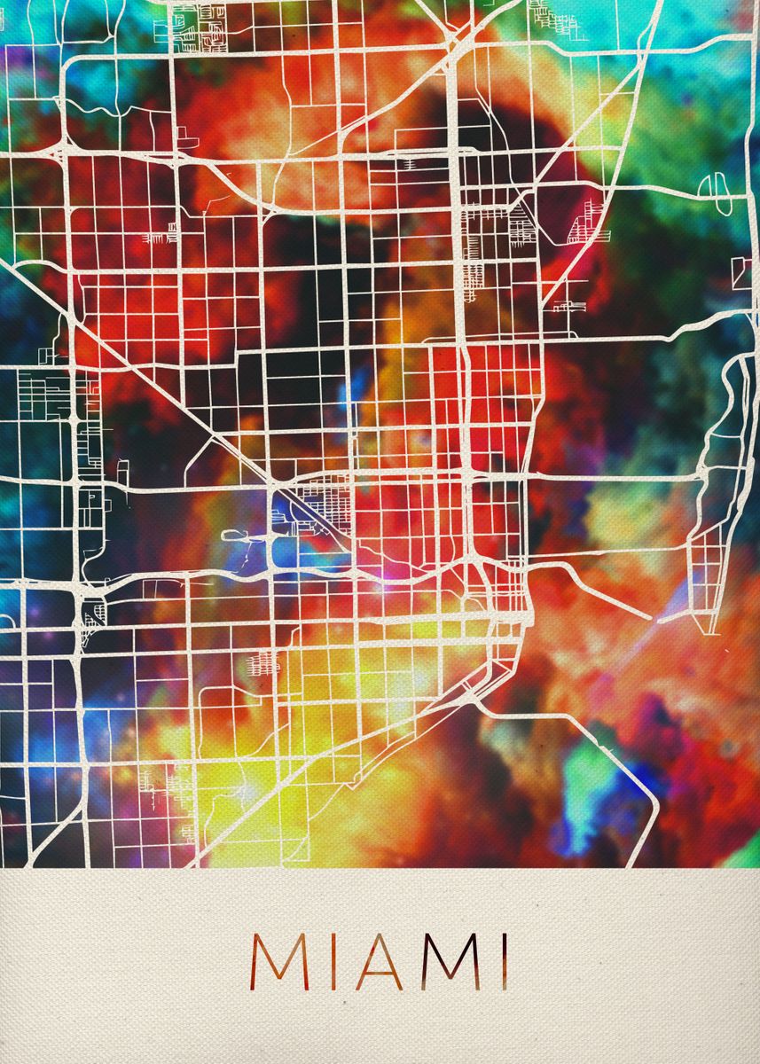 'Miami Watercolor City Map' Poster, picture, metal print, paint by ...