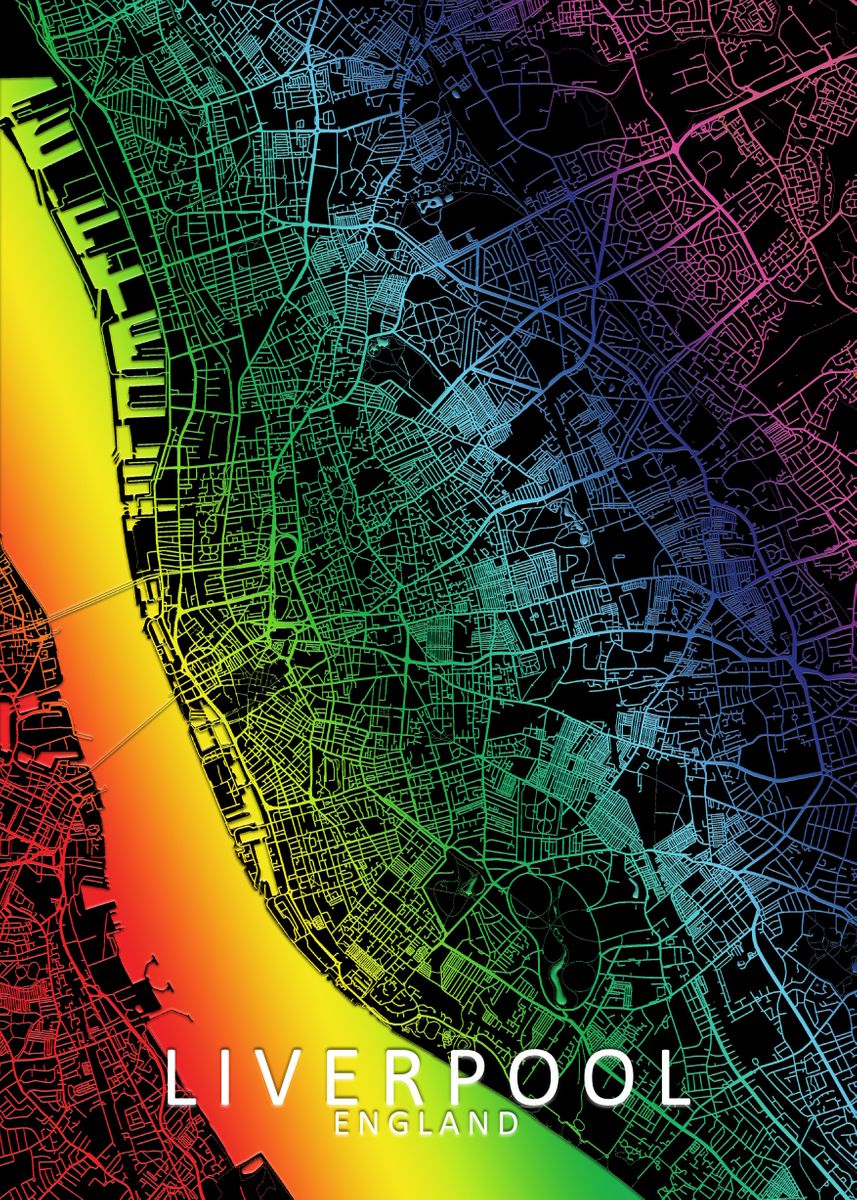 'Liverpool Rainbow City Map' Poster, picture, metal print, paint by ...