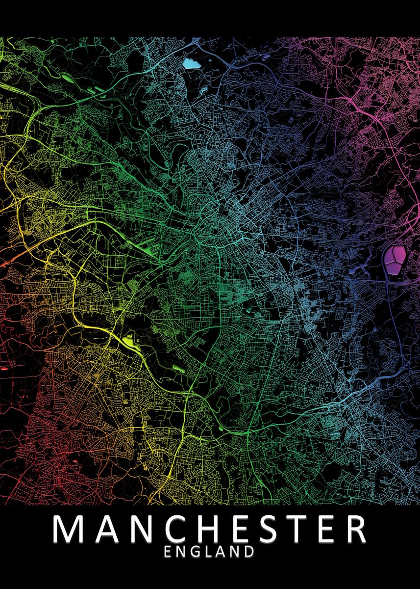 'Manchester Rainbow CityMap' Poster, picture, metal print, paint by ...