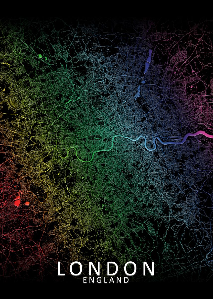 'London Rainbow City Map' Poster, picture, metal print, paint by City ...