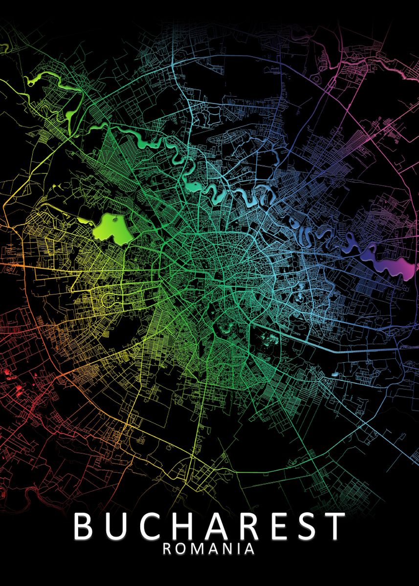 'Bucharest Rainbow City Map' Poster, picture, metal print, paint by ...