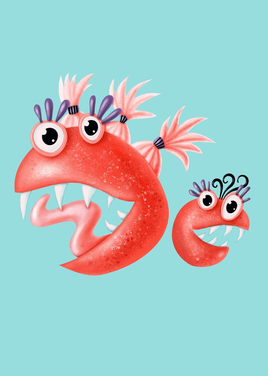 'Cute Happy Monster Friends' Poster, picture, metal print, paint by ...