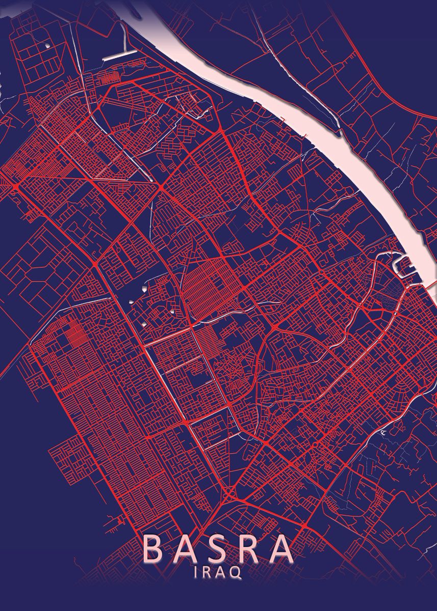 ' Basra Dark Blue City Map' Poster, picture, metal print, paint by City ...