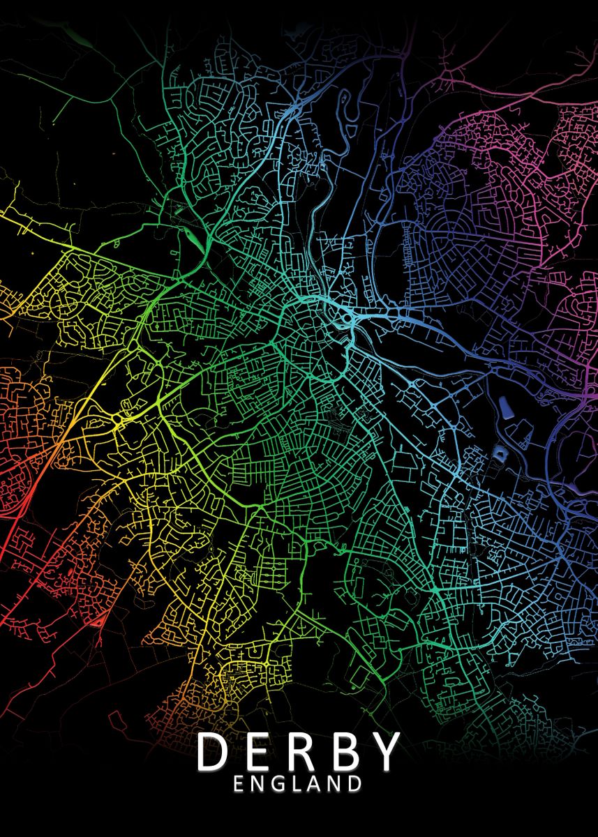 ' Derby Rainbow City Map' Poster, picture, metal print, paint by City ...