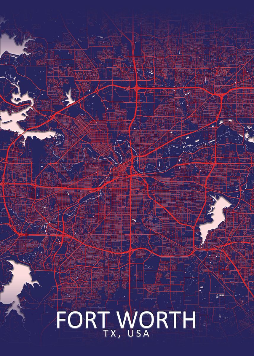 ' Fort Worth Dark Blue Map' Poster, picture, metal print, paint by City ...