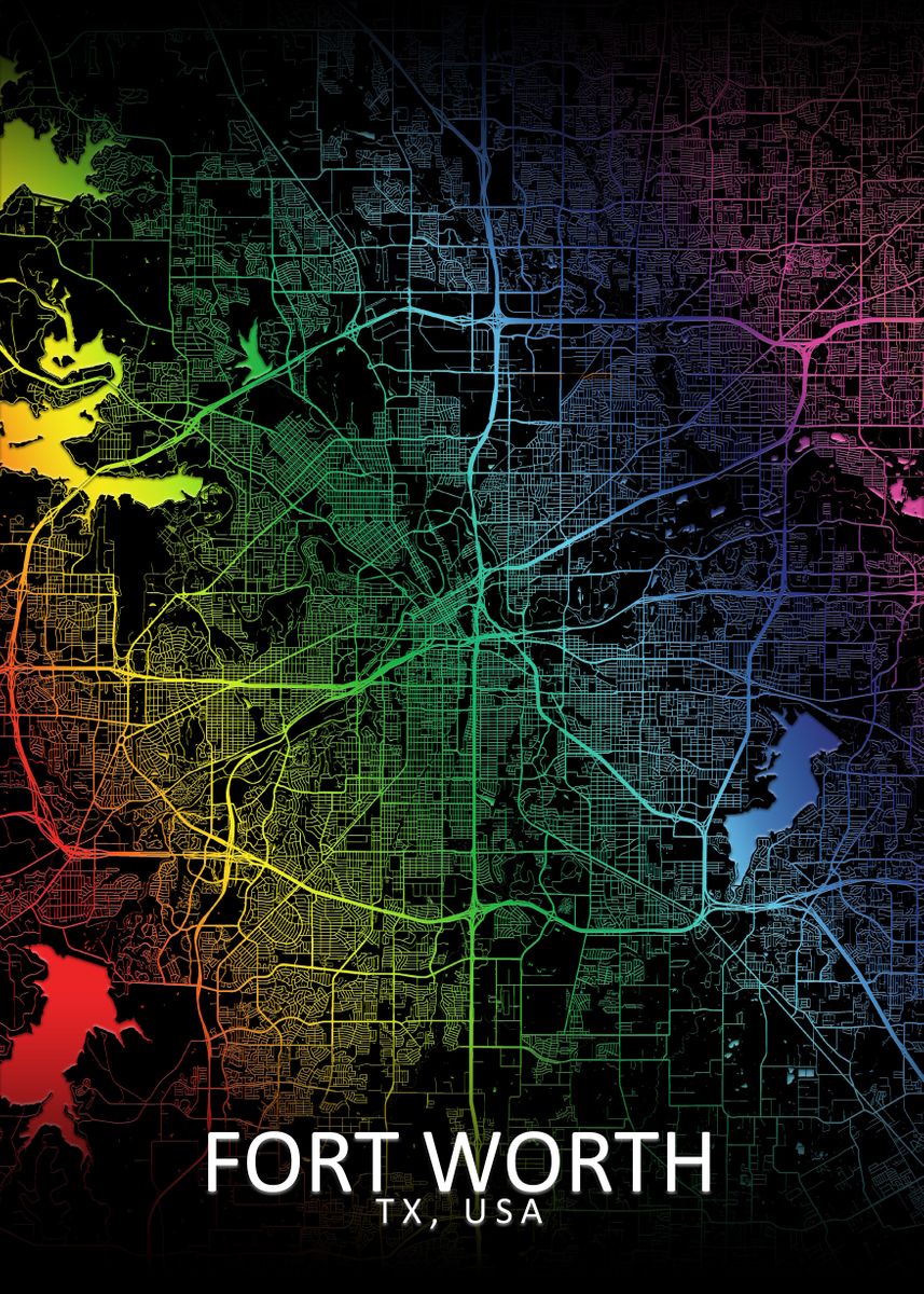 'Fort Worth Rainbow CItyMap' Poster, picture, metal print, paint by ...