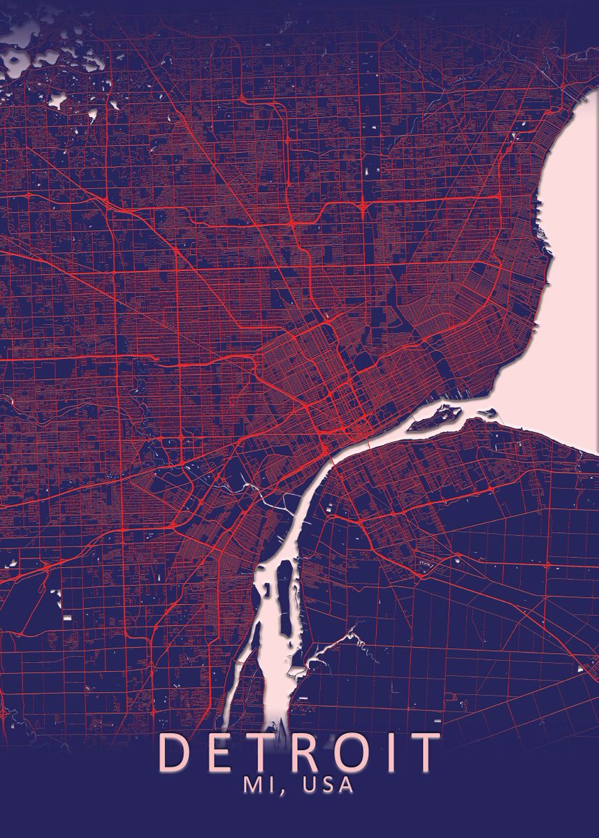 'Detroit Dark Blue City Map' Poster, picture, metal print, paint by ...