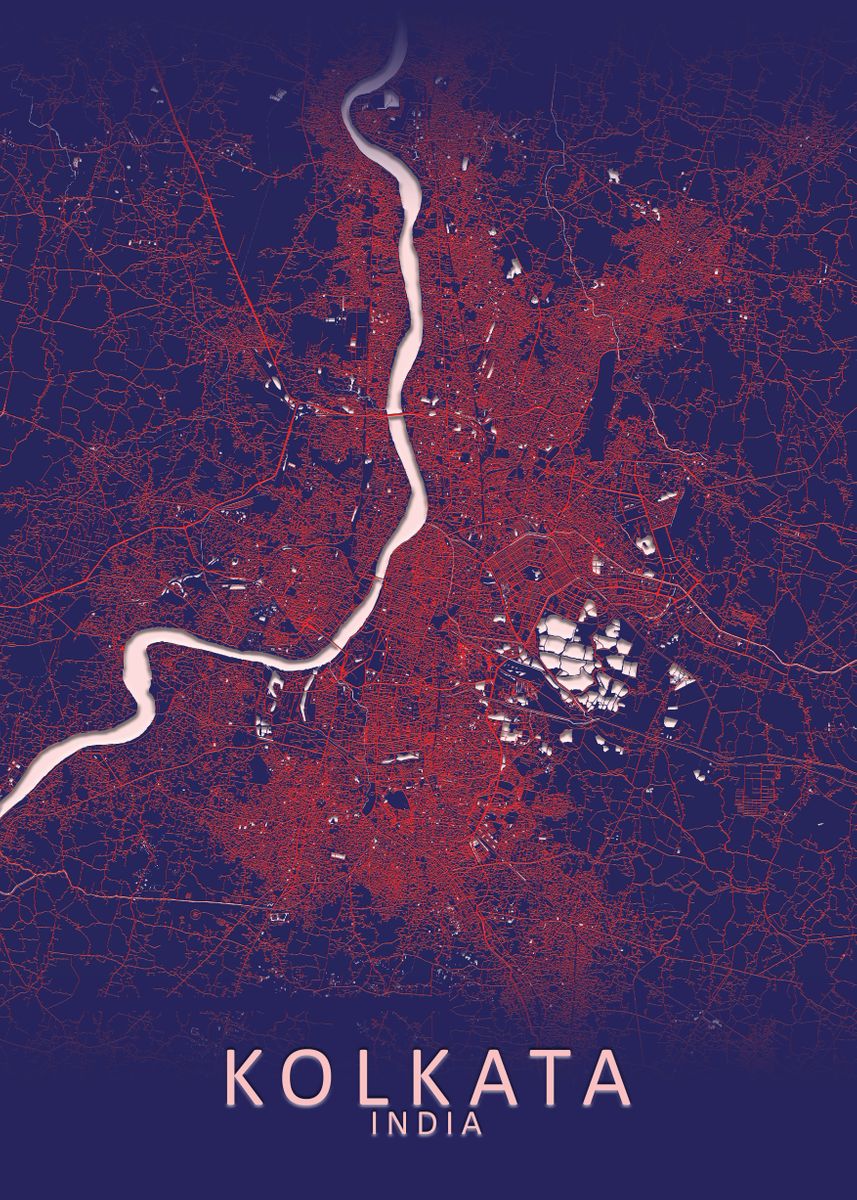 'Kolkata Dark Blue City Map' Poster, picture, metal print, paint by ...