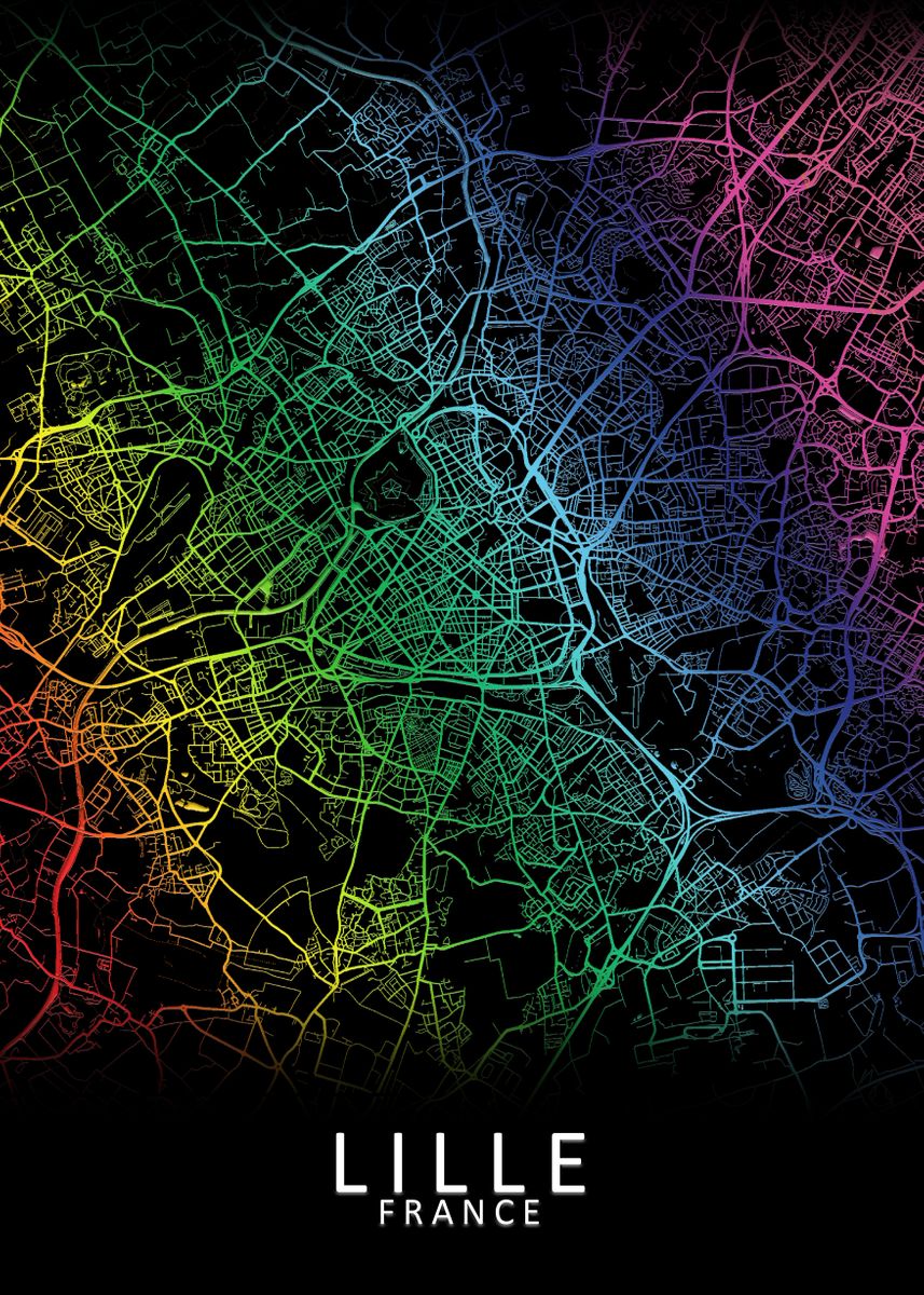 'Lille Rainbow City Map' Poster, picture, metal print, paint by City ...